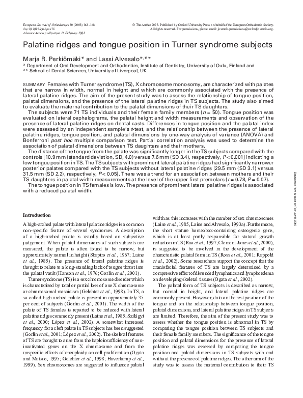 (PDF) Palatine ridges and tongue position in Turner syndrome subjects