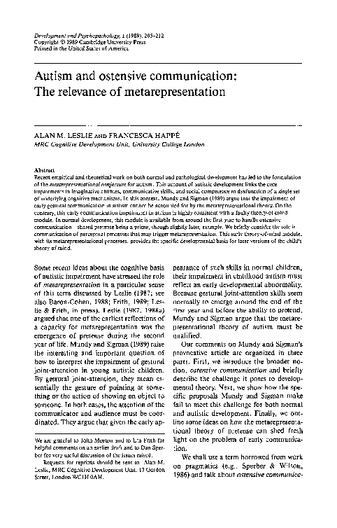 (PDF) Autism and ostensive communication: The relevance of ...