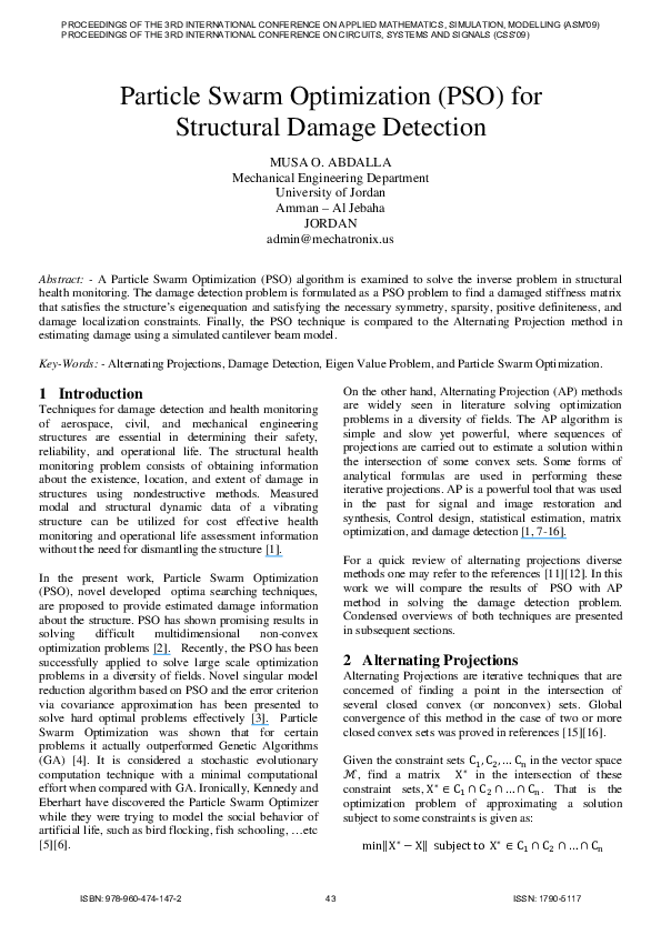 (PDF) Particle swarm optimization (PSO) for structural damage detection