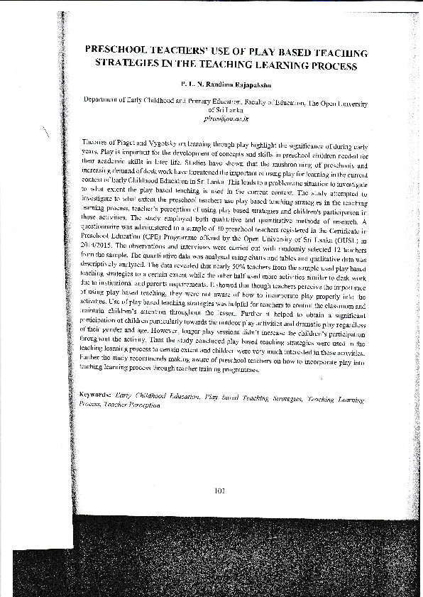 (PDF) PRESCHOOL TEACHERS'USE OF PLAY BASED TEACHING STRATEGIES IN THE ...