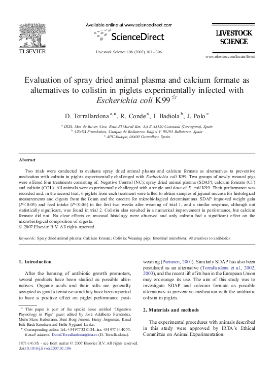 (PDF) Evaluation of spray dried animal plasma and calcium formate as alternatives to colistin in ...