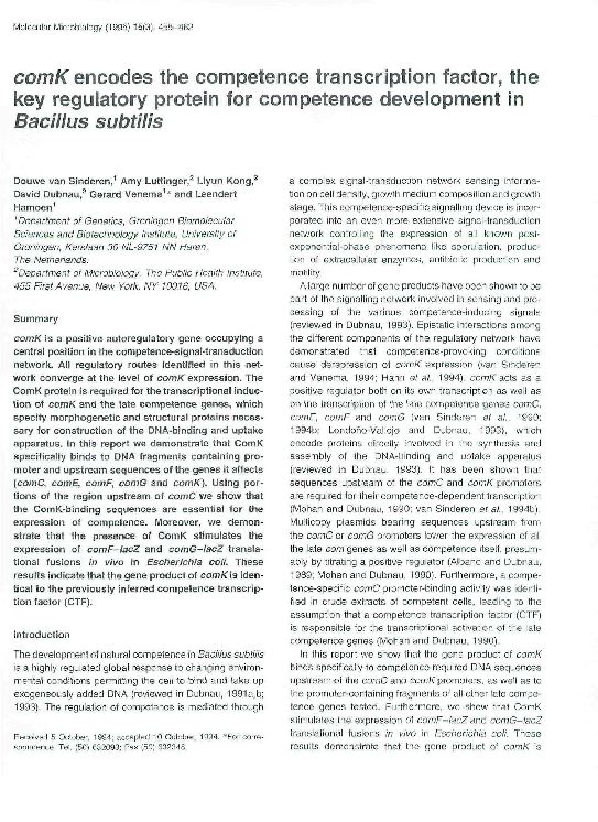 (PDF) comK encodes the competence transcription factor, the key ...