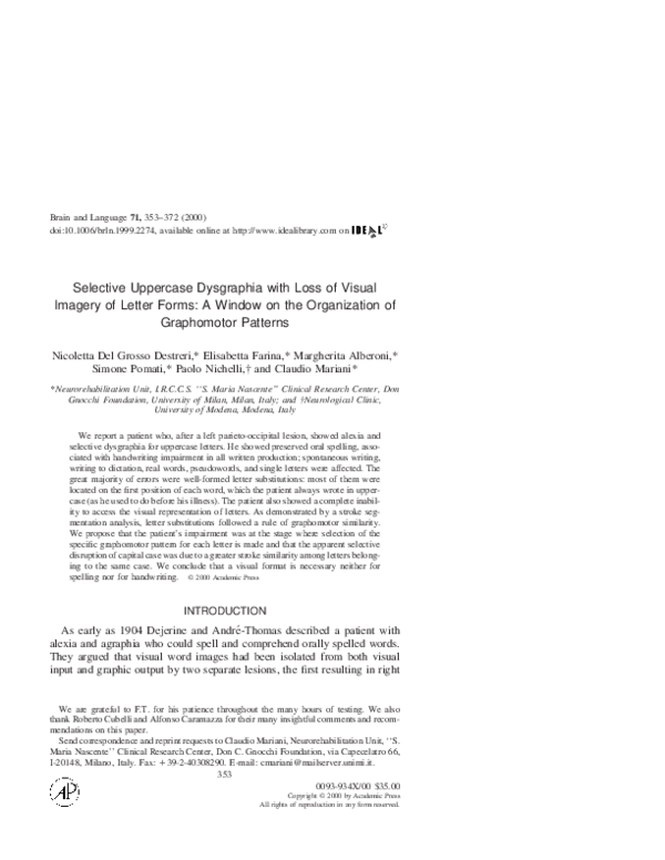 (PDF) Selective Uppercase Dysgraphia with Loss of Visual Imagery of ...