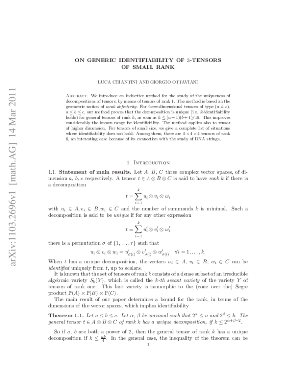 (PDF) On Generic Identifiability of 3-Tensors of Small Rank