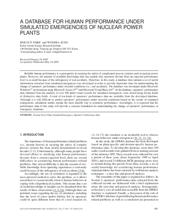 (PDF) OPERA—a human performance database under simulated emergencies of ...