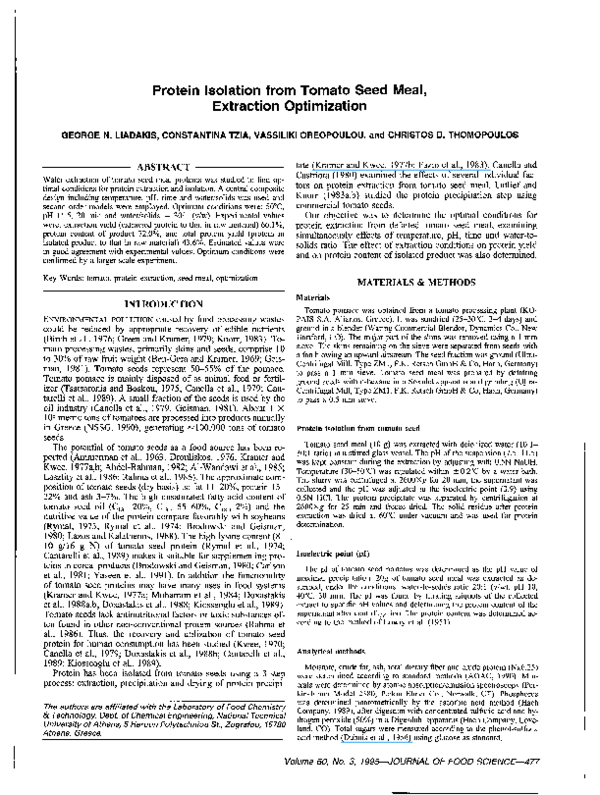 (PDF) Protein Isolation from Tomato Seed Meal, Extraction Optimization