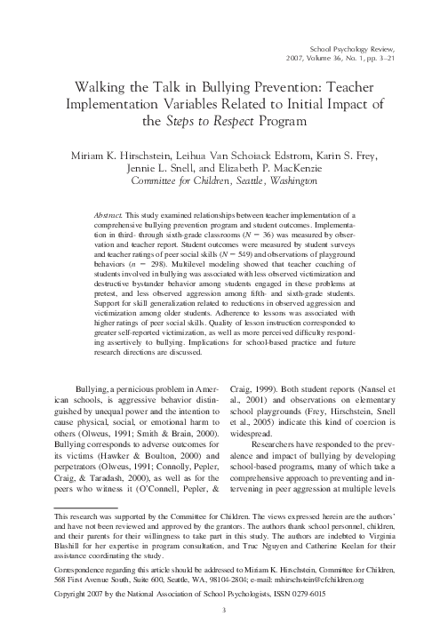 (PDF) Walking the Talk In Bullying Prevention: Teacher Implementation ...