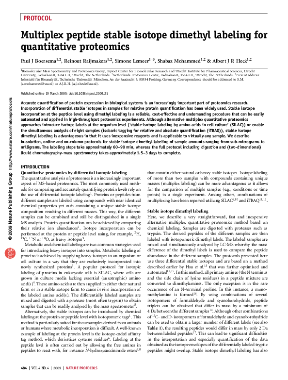 (PDF) Multiplex peptide stable isotope dimethyl labeling for quantitative proteomics
