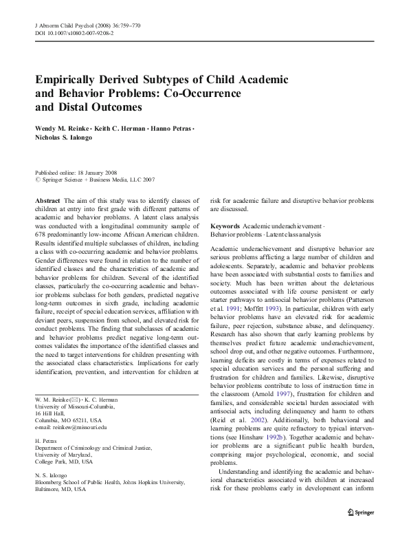 (PDF) Empirically Derived Subtypes of Child Academic and Behavior ...