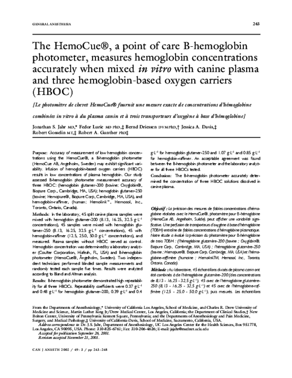(PDF) The HemoCue®, a point of care B-hemoglobin photometer, measures ...