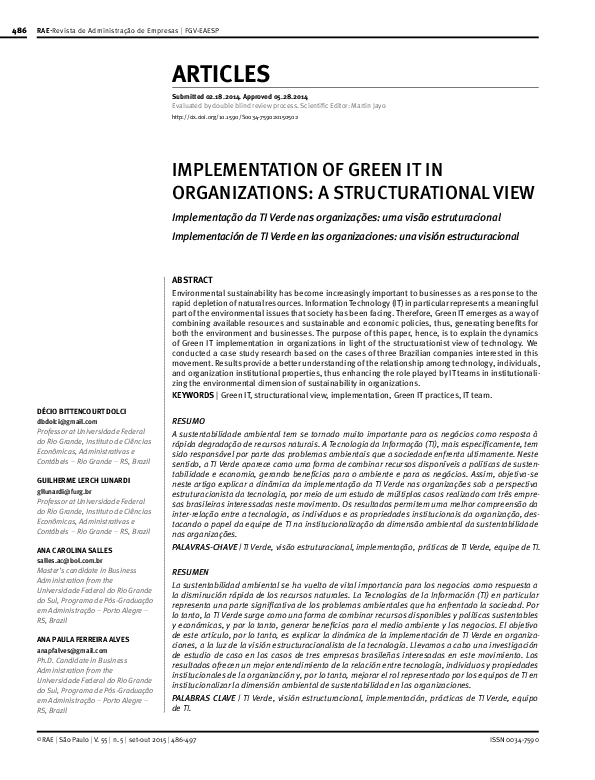 (PDF) IMPLEMENTATION OF GREEN IT IN ORGANIZATIONS: A STRUCTURATIONAL VIEW