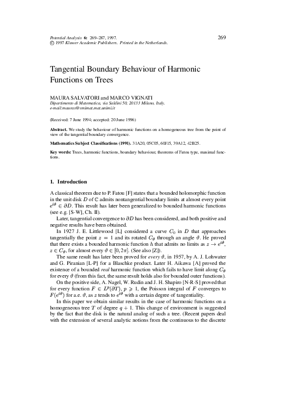(PDF) Tangential Boundary Behaviour of Harmonic Functions on Trees