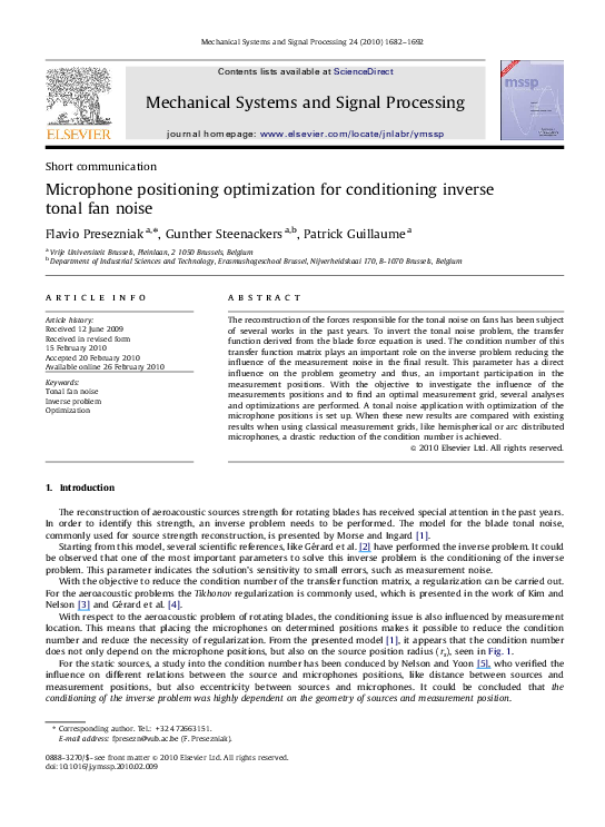 (PDF) Microphone positioning optimization for conditioning inverse tonal fan noise