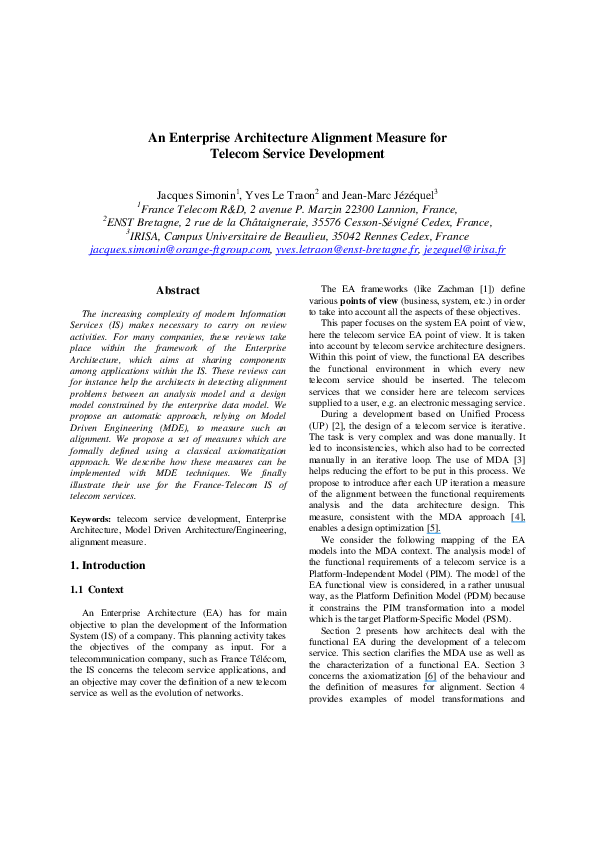 (PDF) An Enterprise Architecture Alignment Measure for Telecom Service Development
