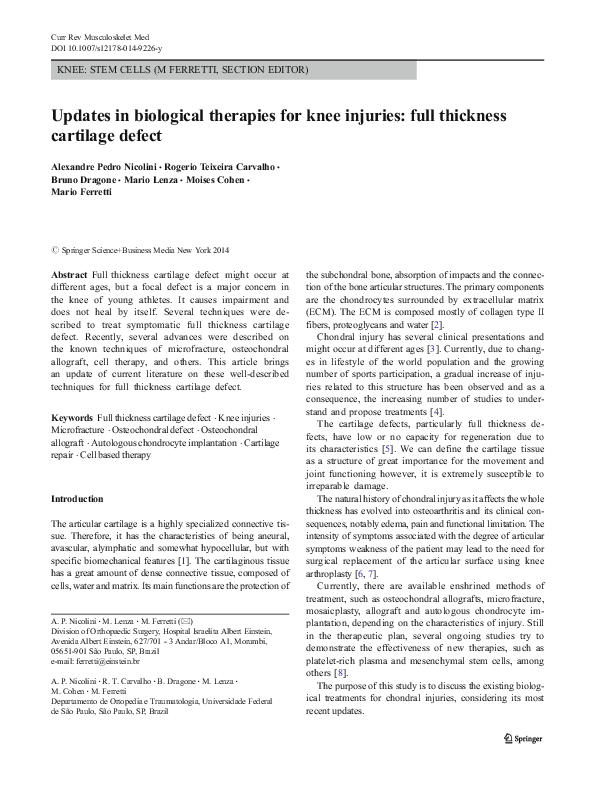 (PDF) Updates in biological therapies for knee injuries: full thickness ...