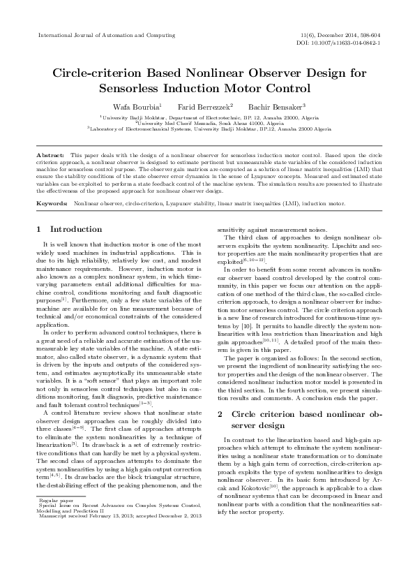 (PDF) Circle-criterion based nonlinear observer design for sensorless induction motor control