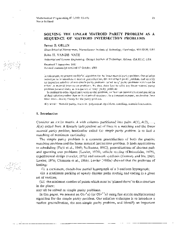 Pdf Solving The Linear Matroid Parity Problem As A Sequence Of Matroid Intersection Problems