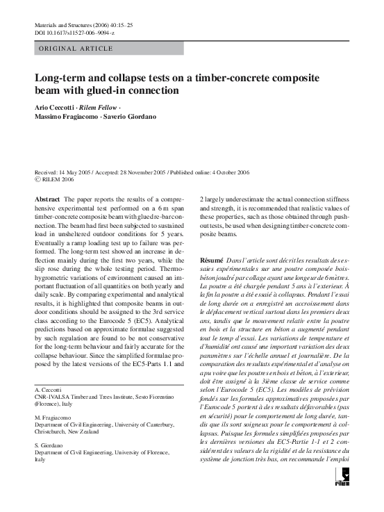 (PDF) Long-term and collapse tests on a timber-concrete composite beam ...