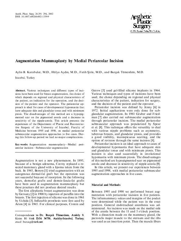 (PDF) Augmentation Mammaplasty by Medial Periareolar Incision
