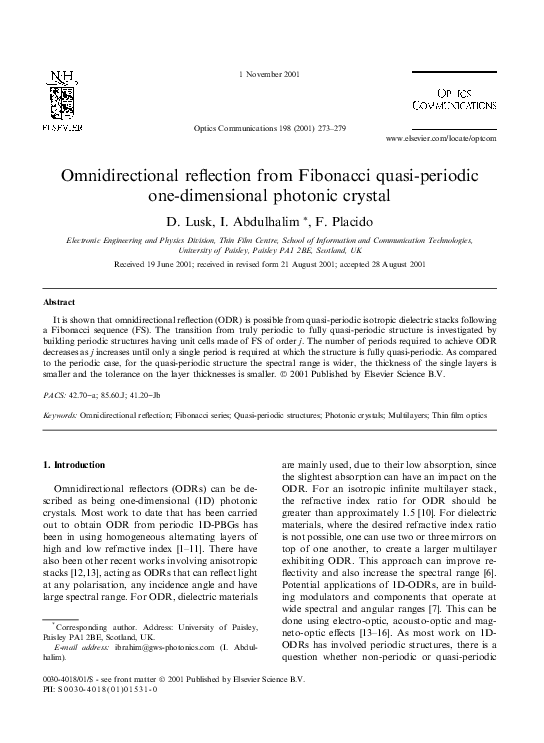 Pdf Omnidirectional Reflection From Fibonacci Quasi Periodic One Dimensional Photonic Crystal