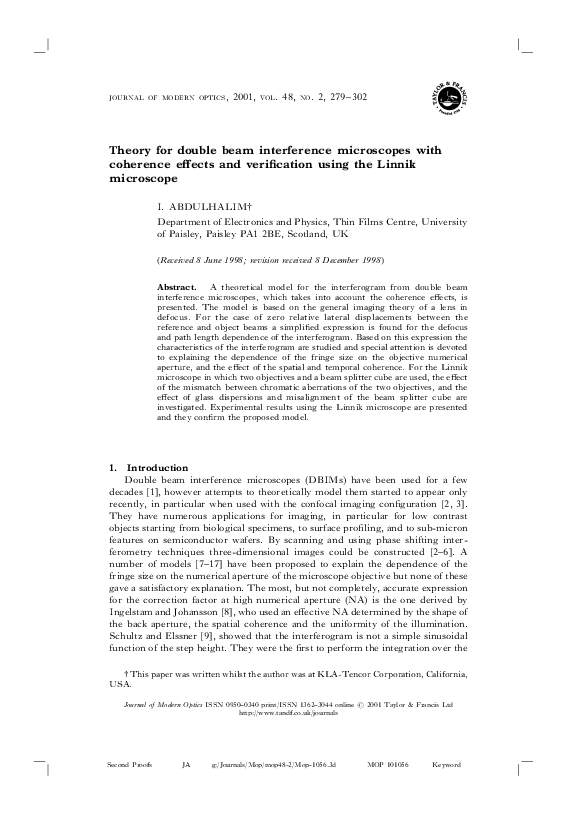 (PDF) Theory for double beam interference microscopes with coherence ...