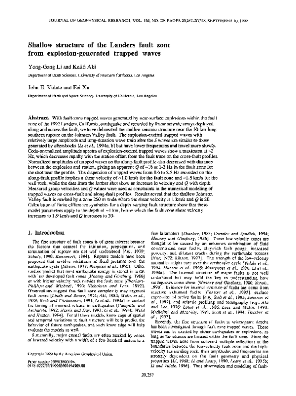 Pdf Shallow Structure Of The Landers Fault Zone From Explosion Generated Trapped Waves