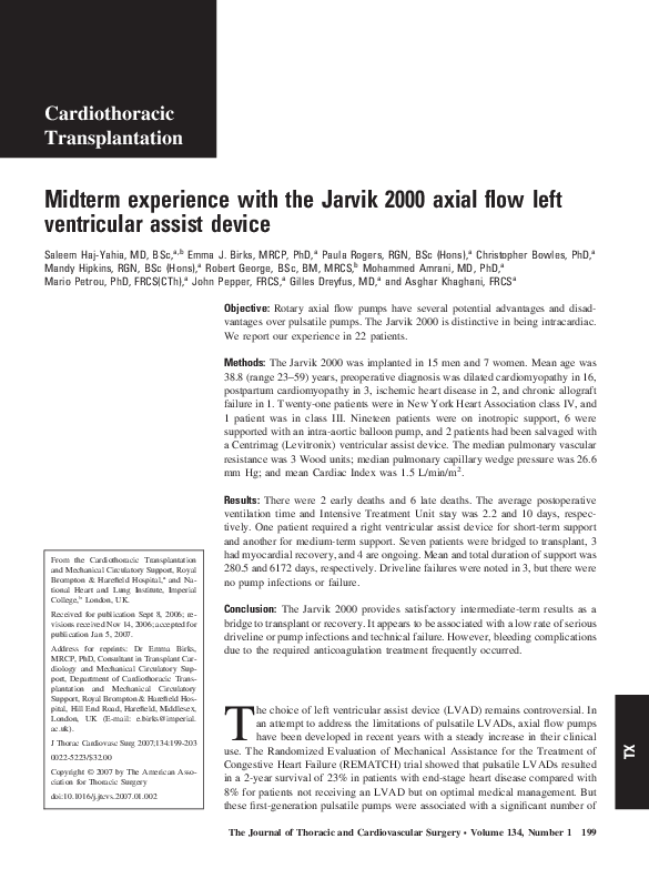 (PDF) Midterm experience with the Jarvik 2000 axial flow left ...