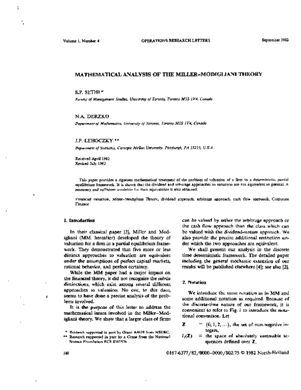(PDF) Mathematical analysis of the Miller-Modigliani theory