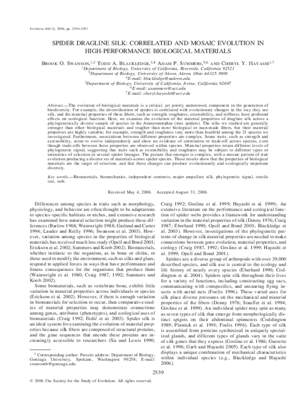 (PDF) SPIDER DRAGLINE SILK: CORRELATED AND MOSAIC EVOLUTION IN HIGH ...