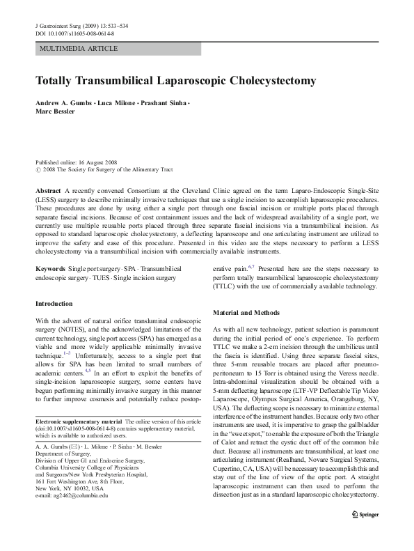 (PDF) Transumbilical Laparoscopic Cholecystectomy Techniques
