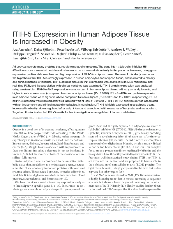 (PDF) ITIH-5 Expression in Human Adipose Tissue Is Increased in Obesity