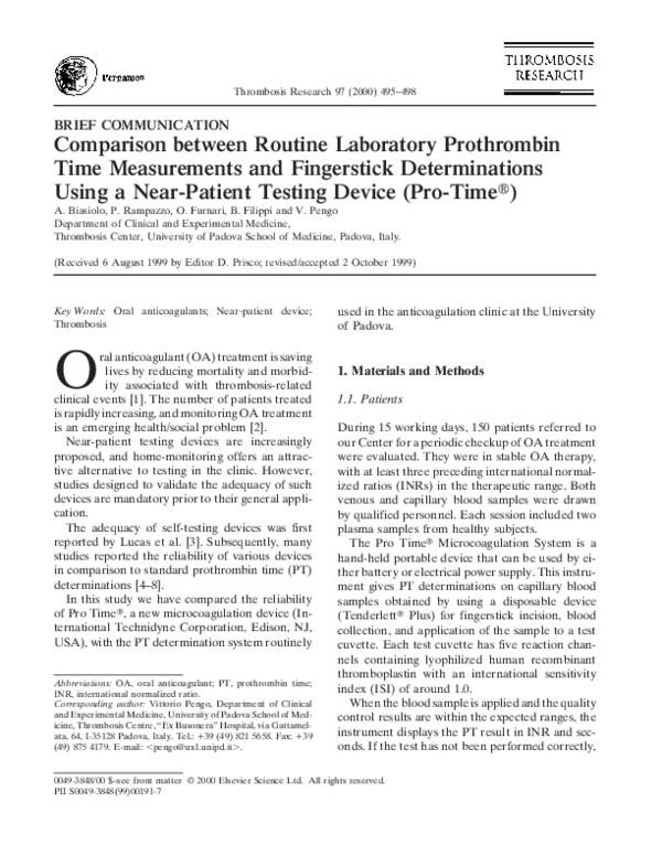 (PDF) Comparison between Routine Laboratory Prothrombin Time ...