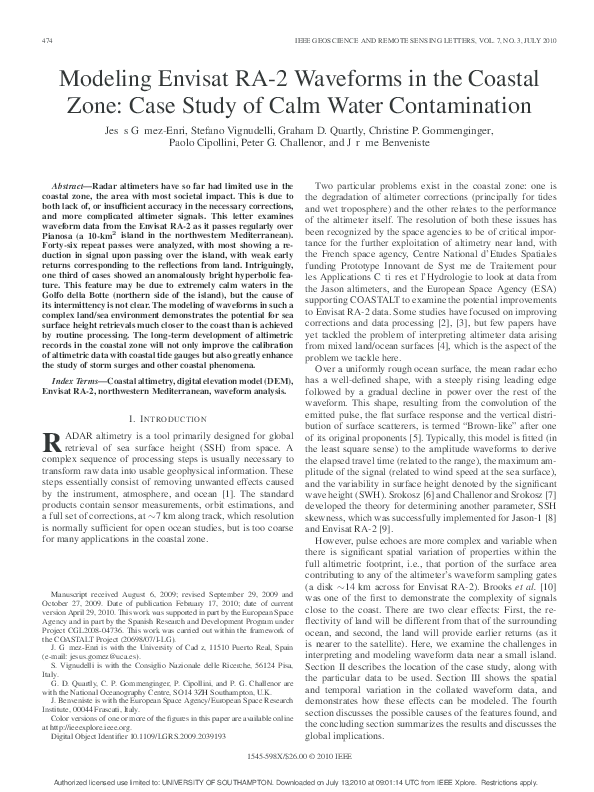 (PDF) Modeling Envisat RA-2 Waveforms in the Coastal Zone: Case Study ...