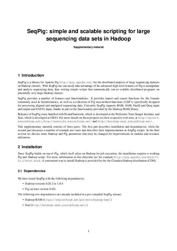 (PDF) SeqPig: simple and scalable scripting for large sequencing data sets in Hadoop