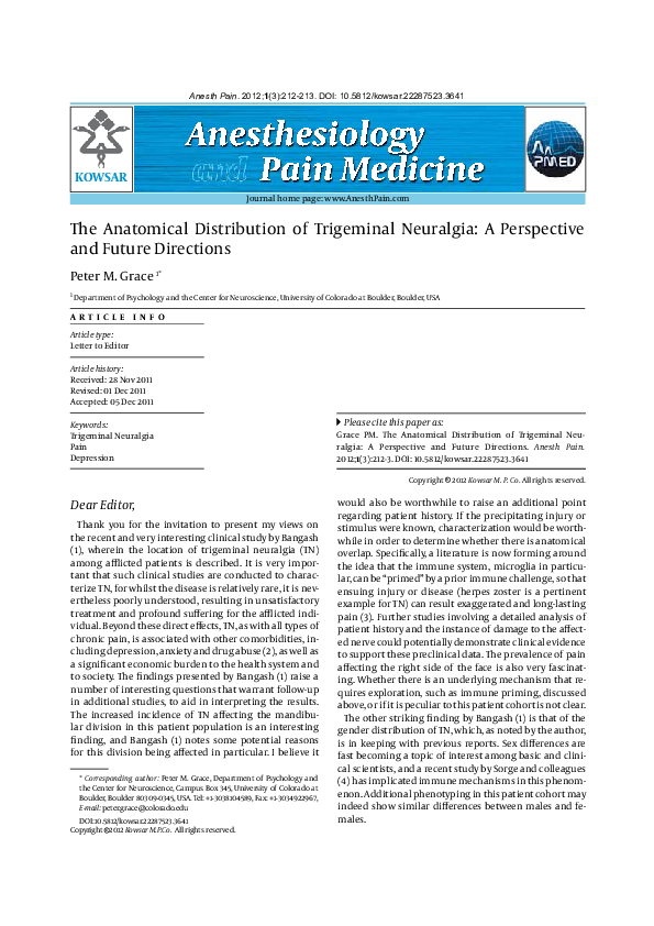 Pdf The Anatomical Distribution Of Trigeminal Neuralgia A Perspective And Future Directions