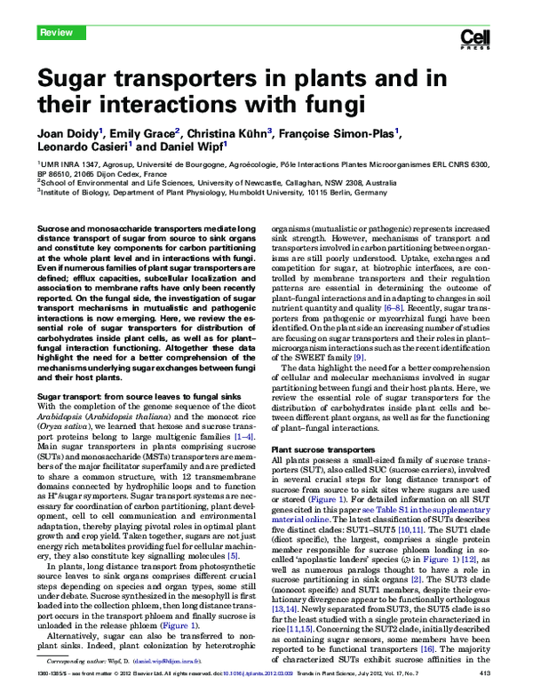 (PDF) Sugar transporters in plants and in their interactions with fungi