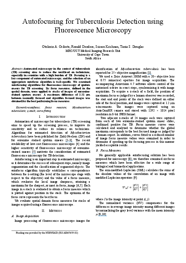Pdf Autofocusing For Tuberculosis Detection Using Fluorescence Microscopy