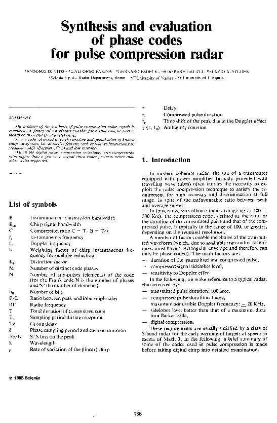 Pdf Synthesis And Evaluation Of Phase Codes For Pulse Compression Radar Gaspare Galati