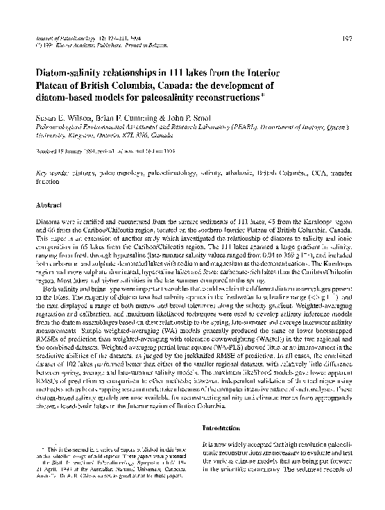 (PDF) Diatom-salinity relationships in 111 lakes from the Interior Plateau of British Columbia ...