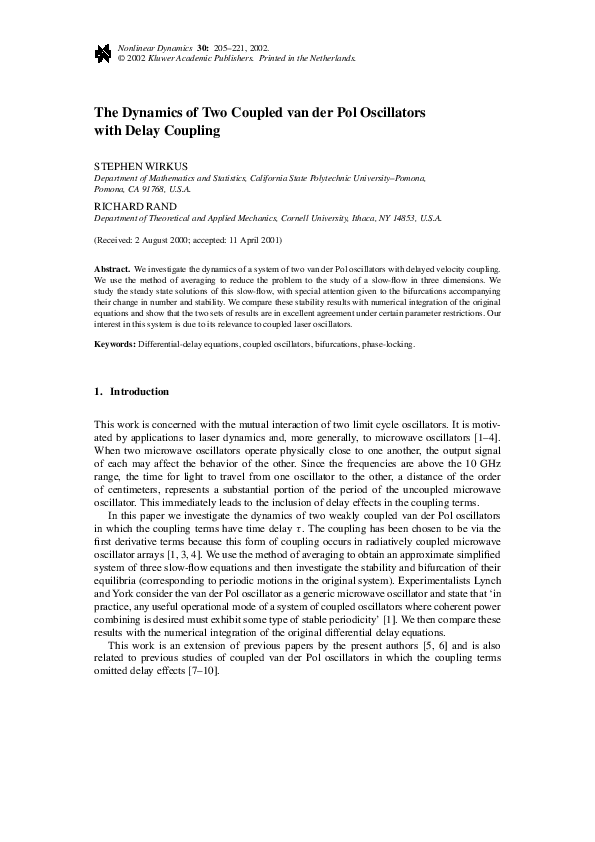 (PDF) The Dynamics of Two Coupled van der Pol Oscillators with Delay Coupling