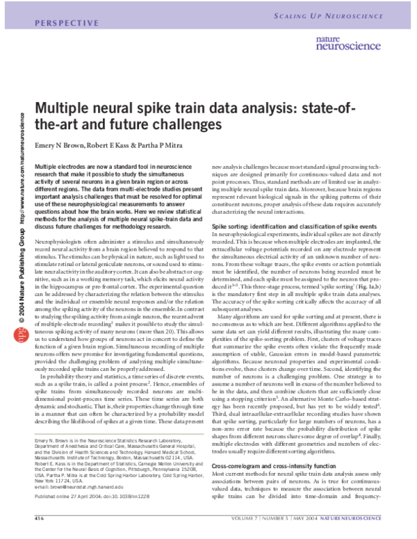 (PDF) Multiple neural spike train data analysis: state-of-the-art and future challenges