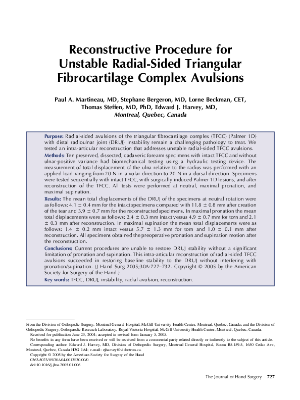 (PDF) Reconstructive Procedure for Unstable Radial-Sided Triangular Fibrocartilage Complex Avulsions