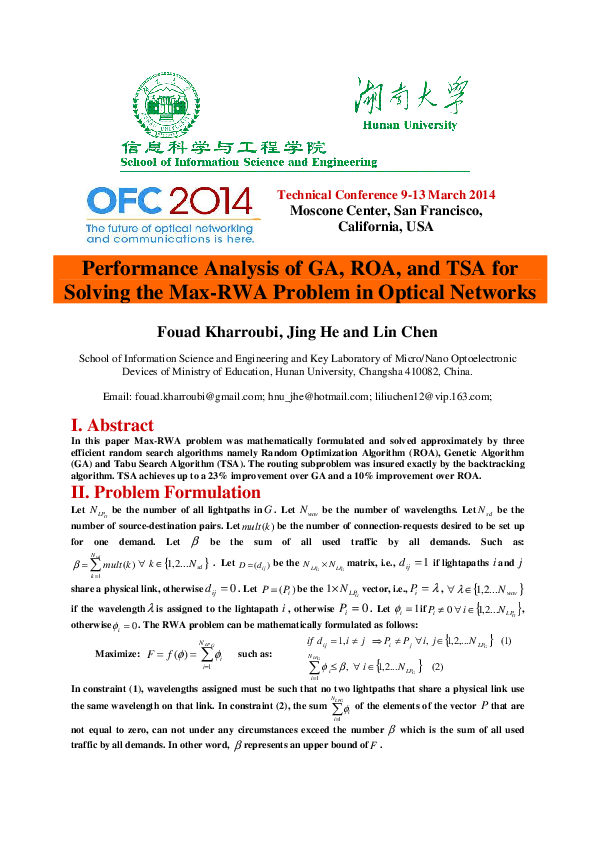 (PDF) (OFC POSTER) Performance Analysis of GA, ROA, and TSA for Solving the Max-RWA Problem in ...