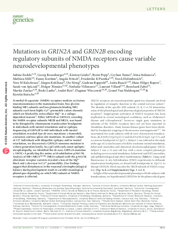 (PDF) Mutations in GRIN2A and GRIN2B encoding regulatory subunits of ...