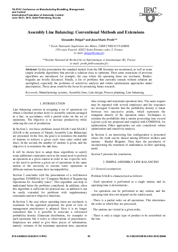 (PDF) Assembly Line Balancing: Conventional Methods and Extensions