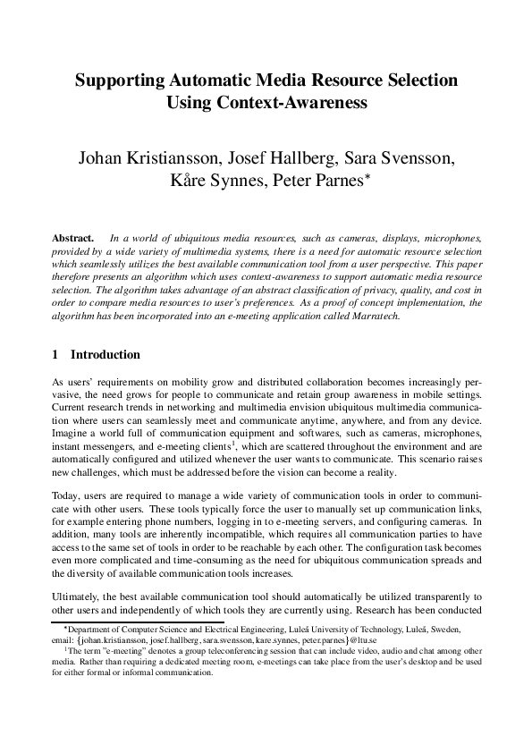 (PDF) Supporting Automatic Media Resource Selection Using Context-Awareness