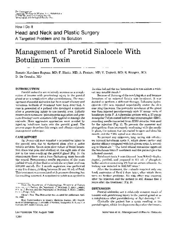 (PDF) Management of Parotid Sialocele With Botulinum Toxin
