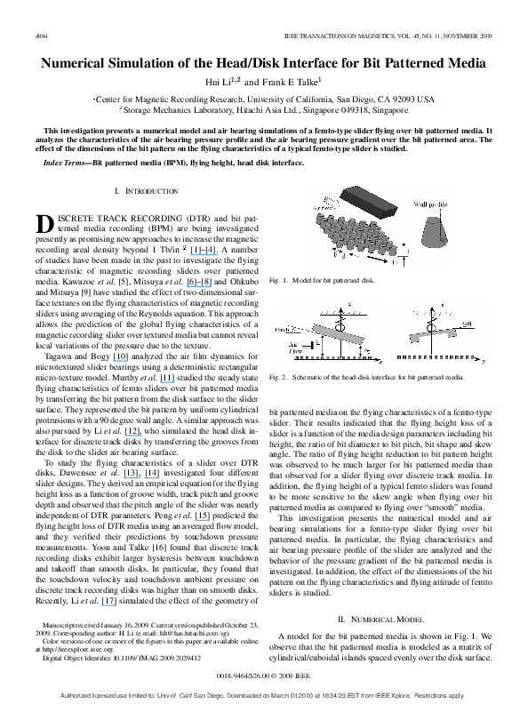 (PDF) Numerical Simulation of the Head/Disk Interface for Bit Patterned Media | Frank Talke ...