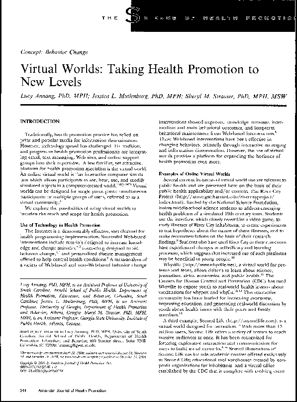(PDF) Virtual Worlds: Taking Health Promotion to New Levels