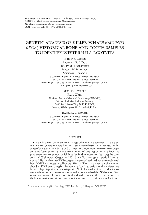 (PDF) GENETIC ANALYSIS OF KILLER WHALE (ORCINUS ORCA) HISTORICAL BONE ...